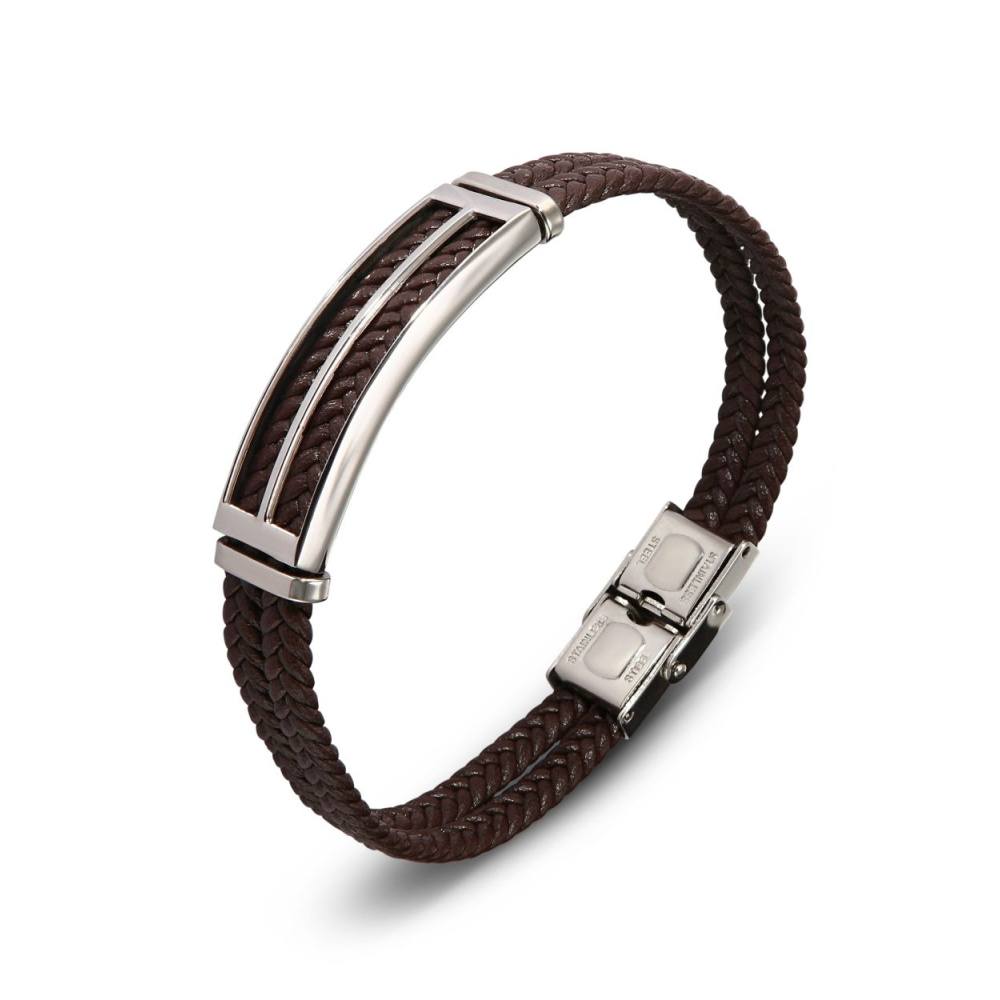 Bracelet homme Cuir marron et Acier 13mm x 21cm Ref. 55882