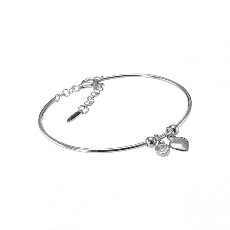Bracelet Jonc Argent Rhodié breloques coeur et oxyde de zirconium Ref. 53102