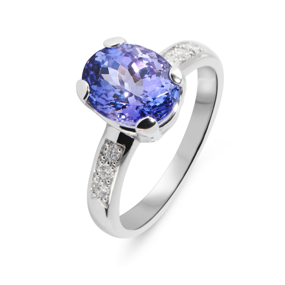 Bague Or Blanc 750 Tanzanite ovale 10x8mm et diamants Ref. 50223