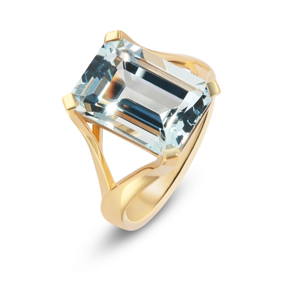 Bague Or Jaune 750 Aigue Marine rectangulaire 14x10mm Ref. 54202