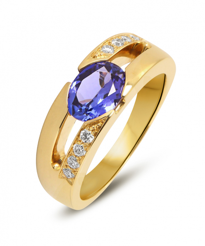 Bague Or Jaune Tanzanite Ovale 8x6mm et Diamants Ref. 30413