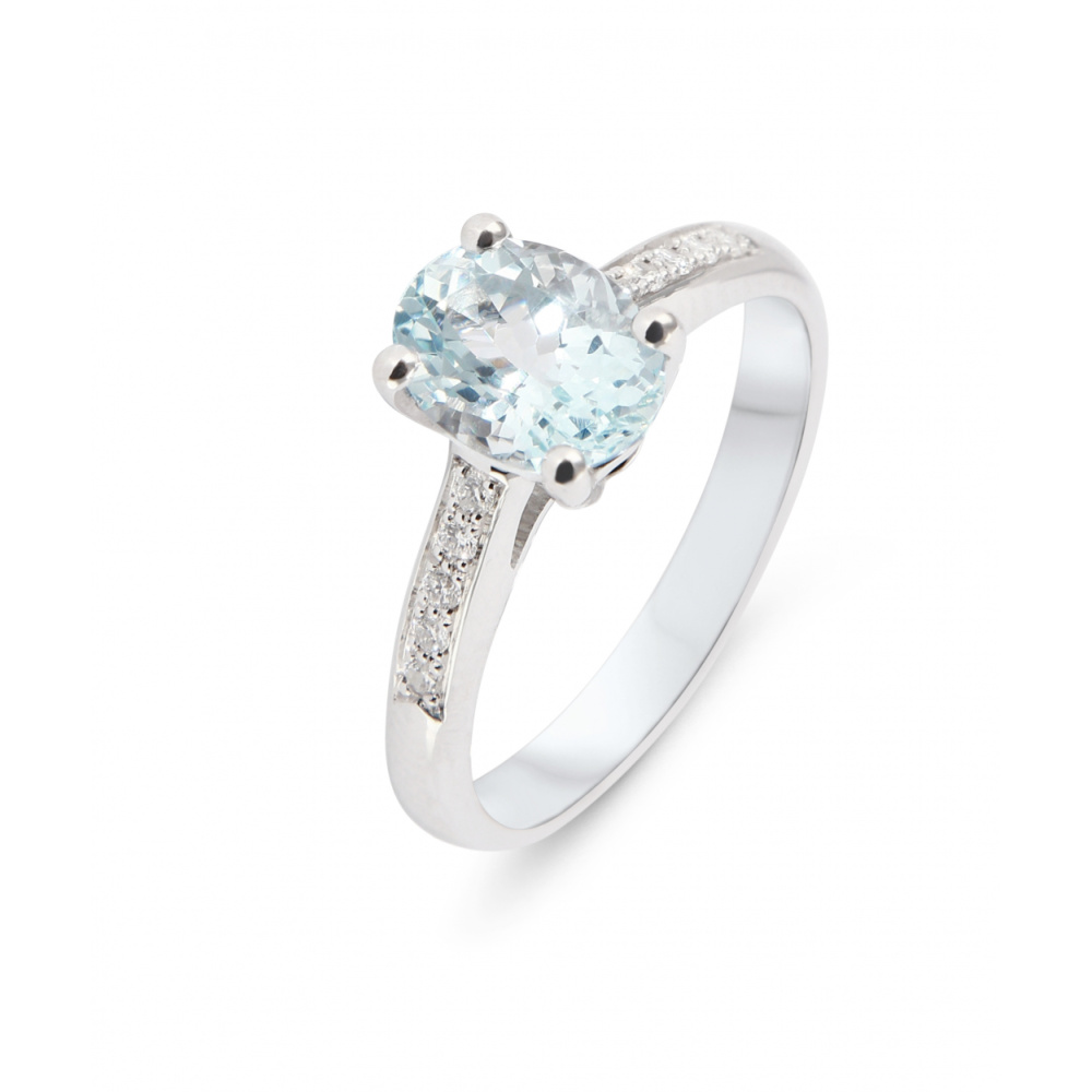 Bague Solitaire Aigue Marine et Diamant en Or Blanc 750 Ref. 49268