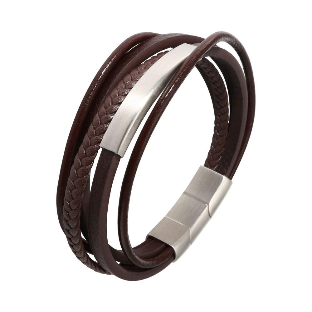 Bracelet Homme Multi-rangs Cuir Marron et Acier Ref. 53025