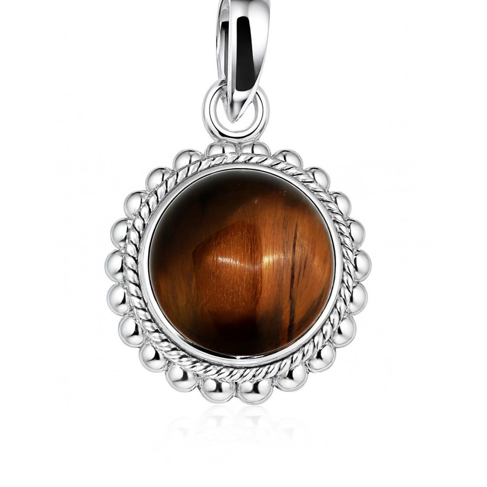 Pendentif Argent 925 et Oeil de Tigre Rond 12mm Ref. 38088