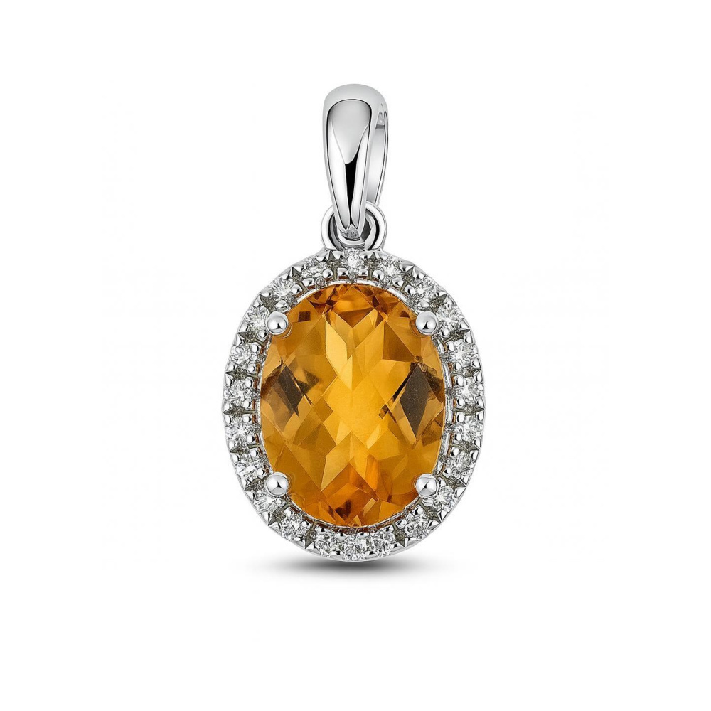 Pendentif Or Blanc 750 Citrine Ovale 8x6mm et Diamant Ref. 42540