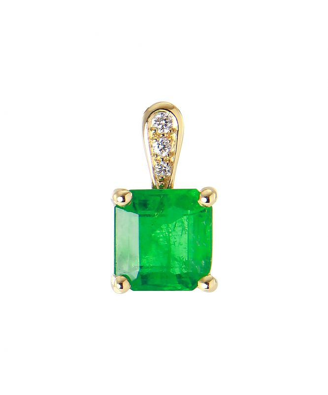 Pendentif Or Jaune 750 émeraude carrée 7x7mm et diamants Ref. 46106
