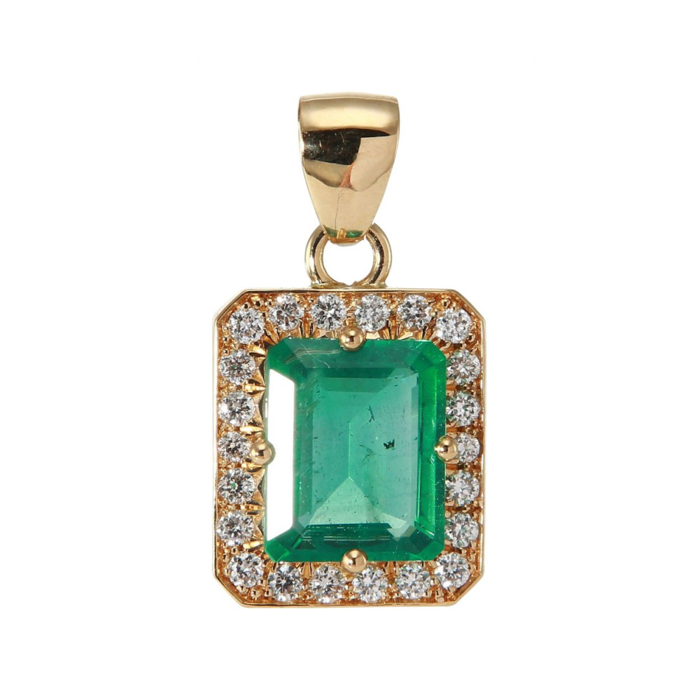 Pendentif Or Jaune 750 Emeraude rectangulaire 10x8mm et Diamants Ref. 50773